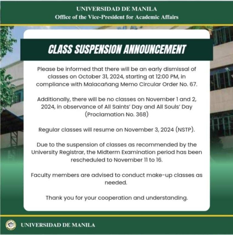 Class Suspension: Early Dismissal at 12:00 PM on Oct 31, No Classes Nov ...